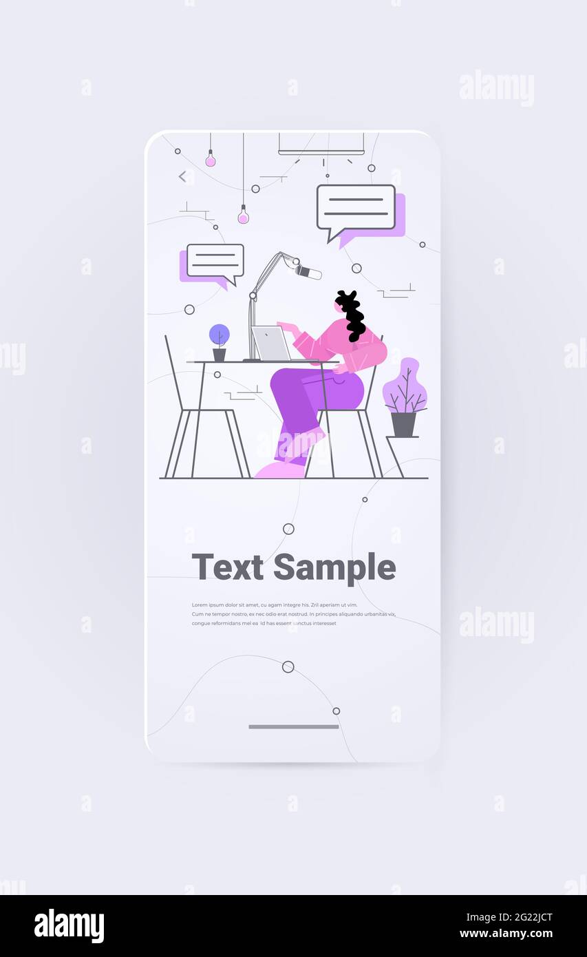 podcaster talking to microphone recording podcast in studio podcasting ...