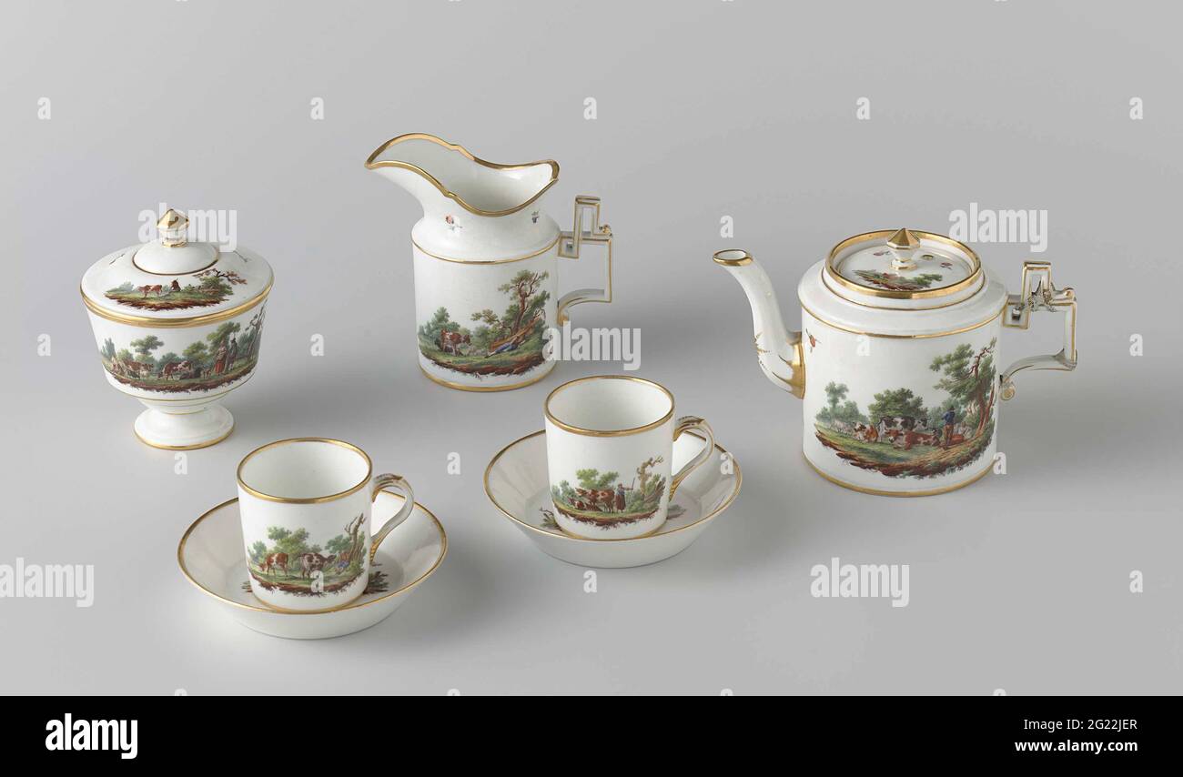 Tea set, painted with landscape with cattle. Tea set, painted with ...