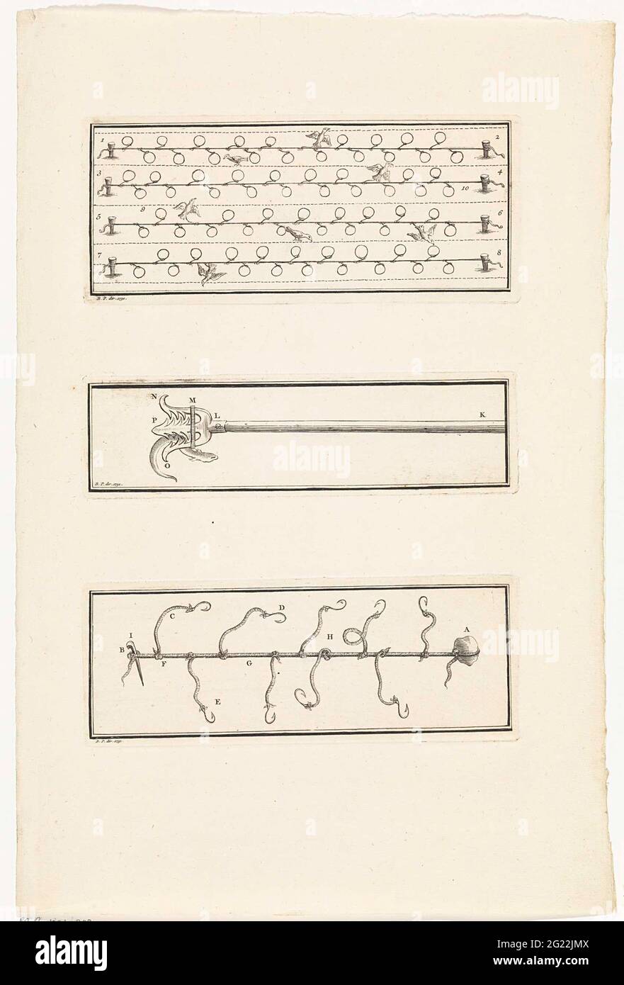 Tools for catching birds and fish. Three performances on a leaf. Above ...