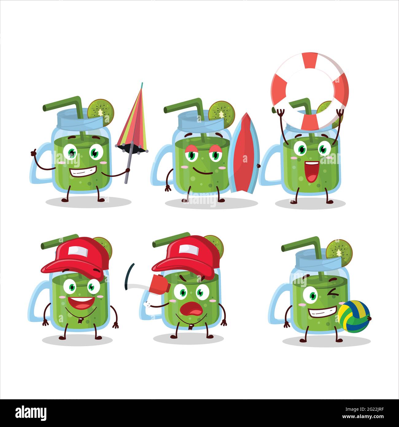 Happy Face kiwi smoothie cartoon character playing on a beach. Vector ...