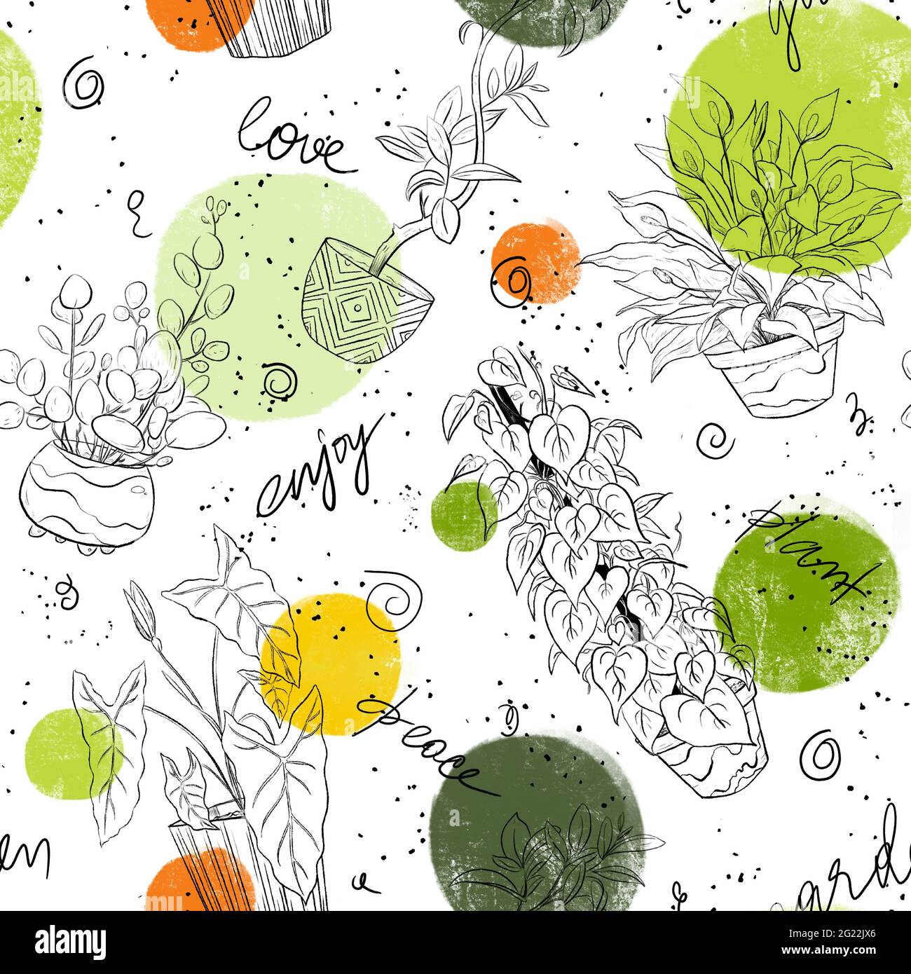 Hand drawn bright spring doodle pattern with home plants Stock Photo ...