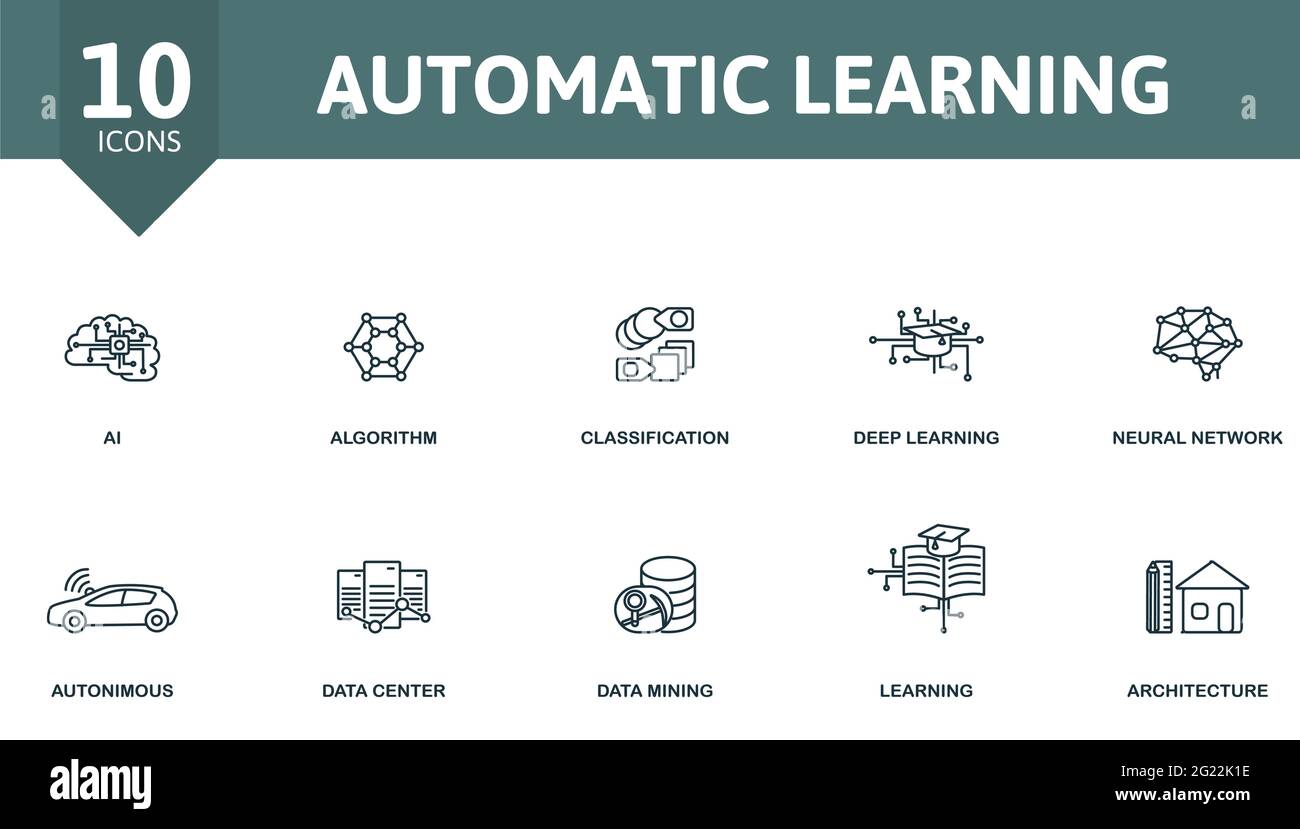 Automatic Learning icon set. Contains editable icons theme such as architecture, dashboard ...