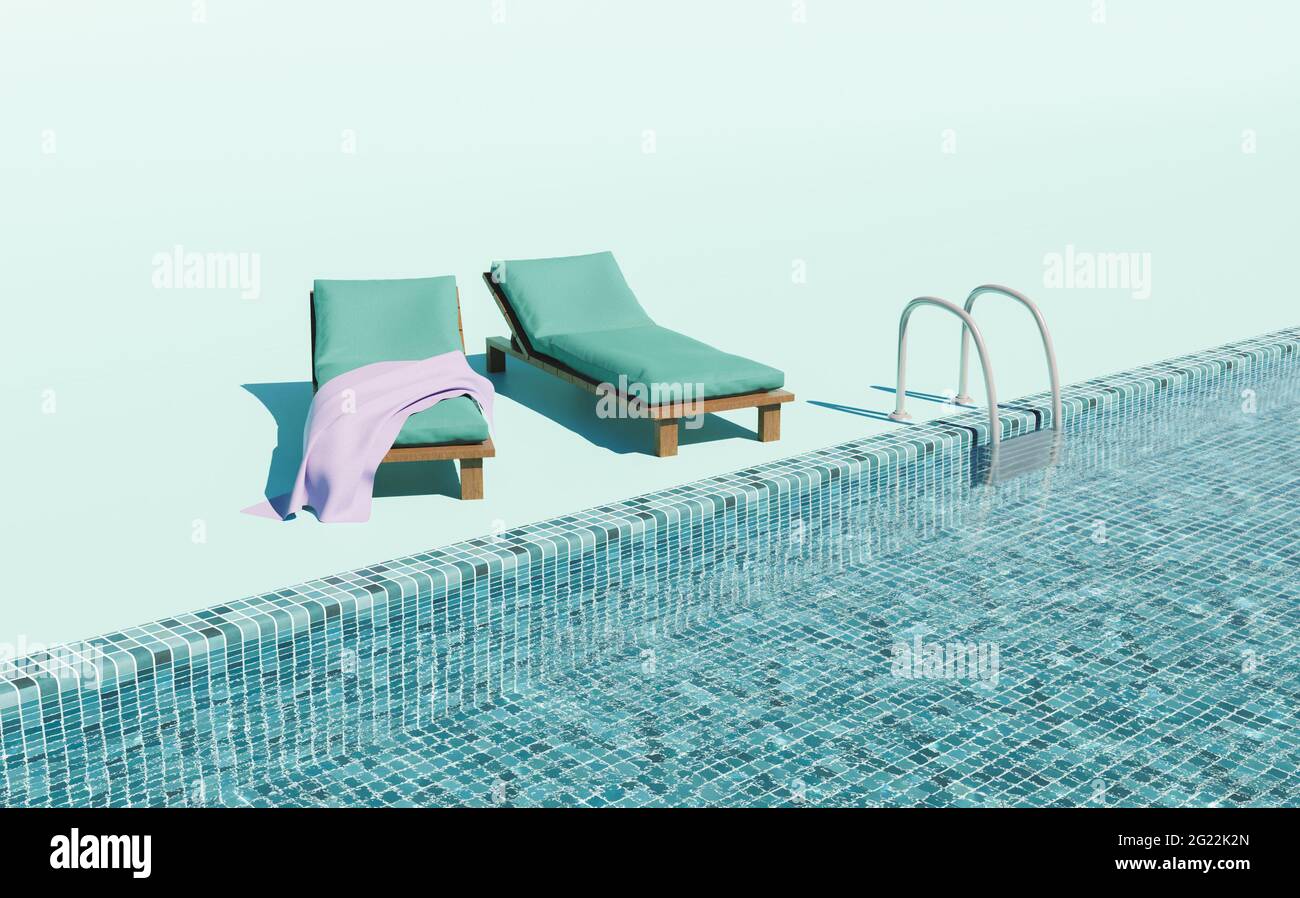 minimalistic pool scene with clear water, metal stairs and cushioned ...