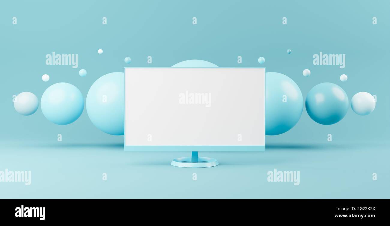 abstract scene with computer monitor and spheres lined up behind it ...