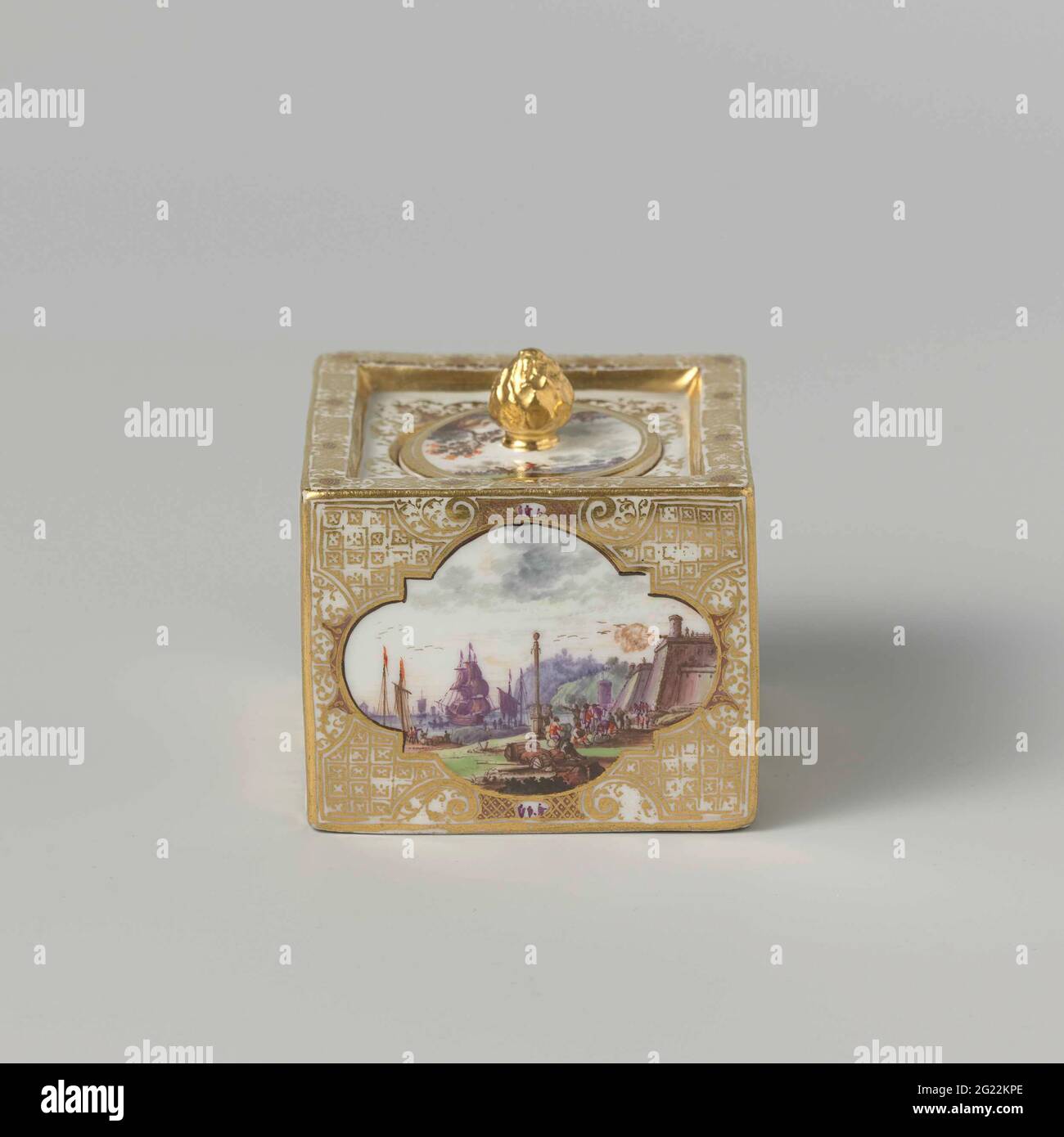 Inkwell, painted multicolored with landscapes and the arm of Ernst ...