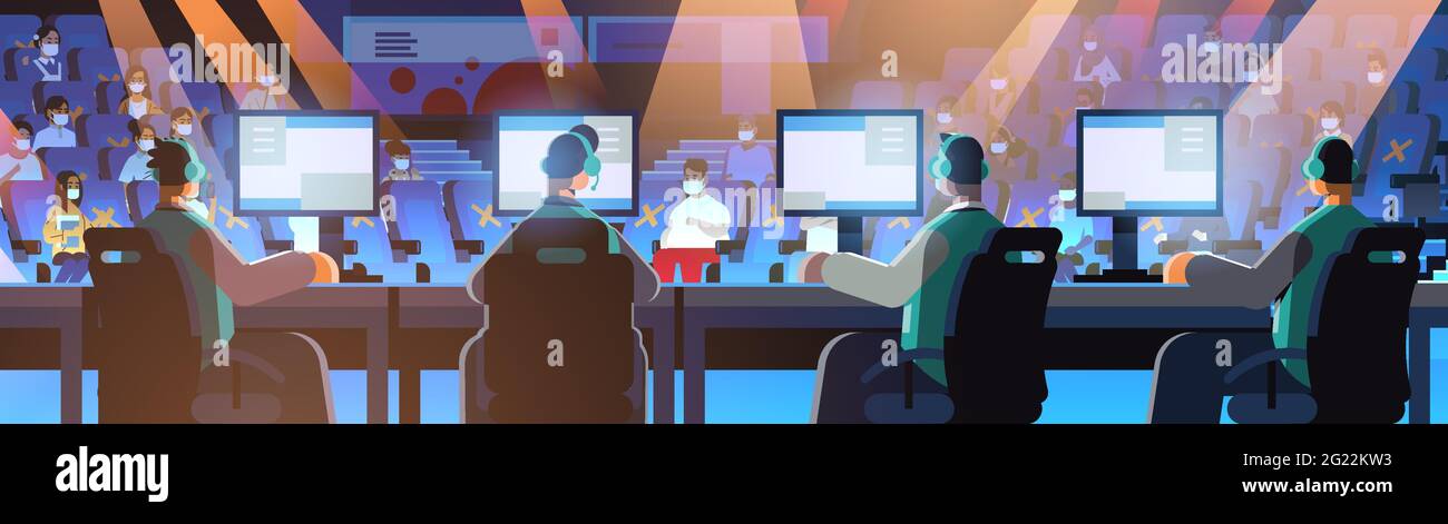 team of professional virtual gamers playing online video games on e ...