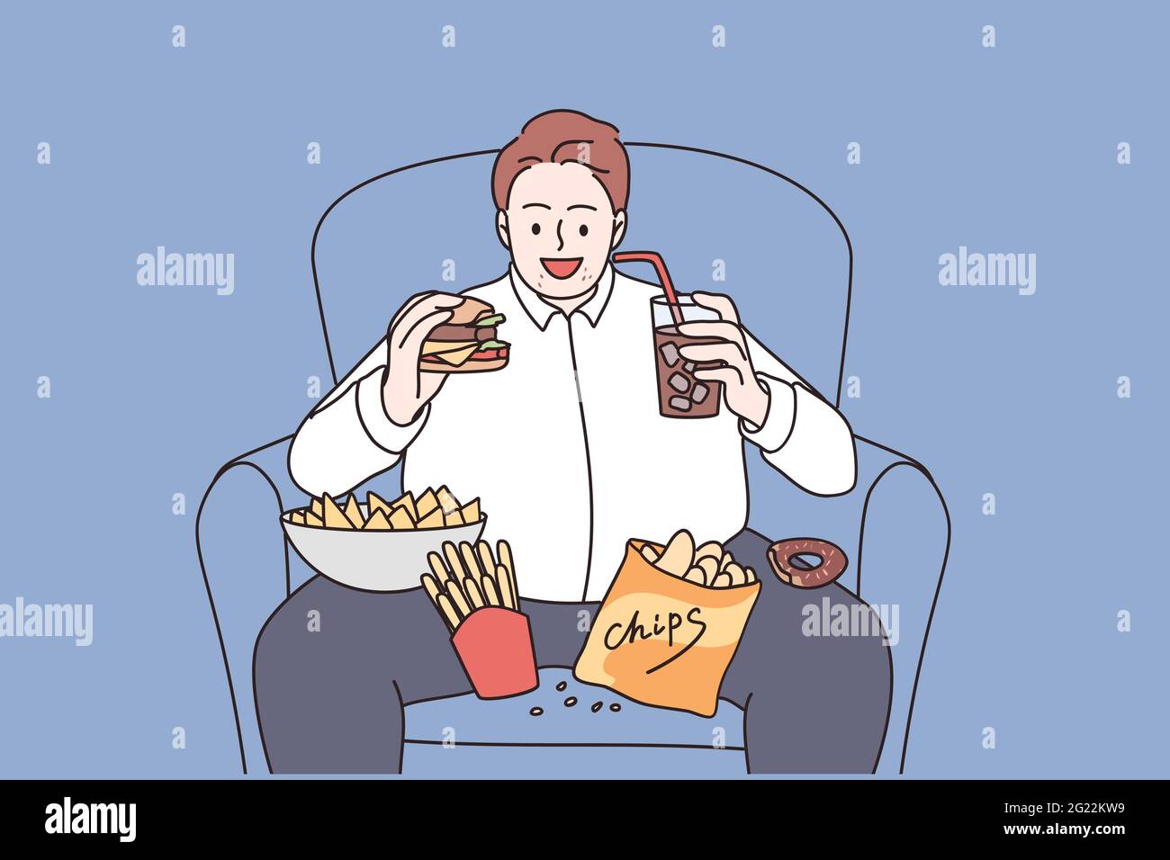 Over weight and unhealthy eating concept. Young smiling man cartoon ...