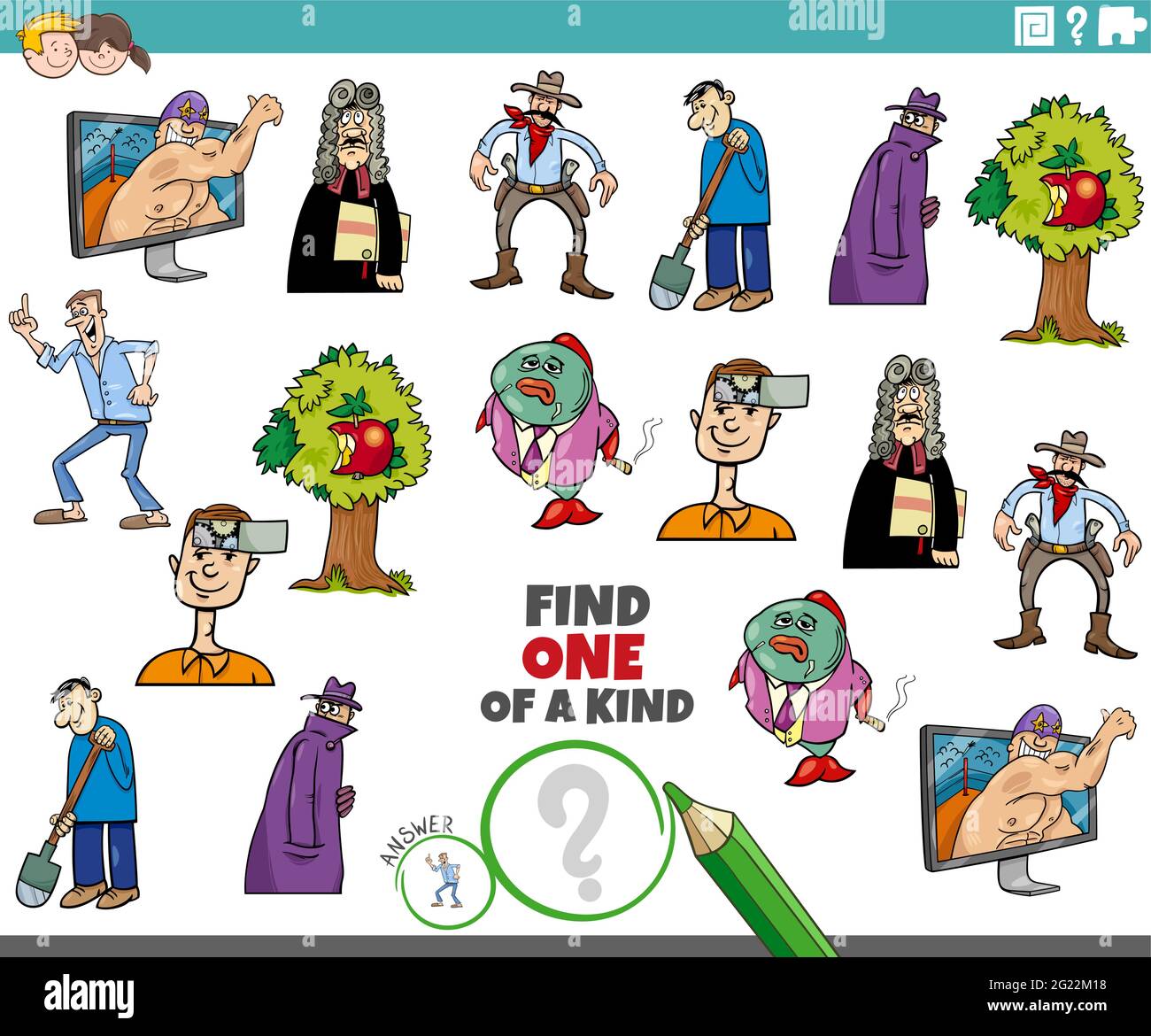 Cartoon illustration of find one of a kind picture educational task for ...