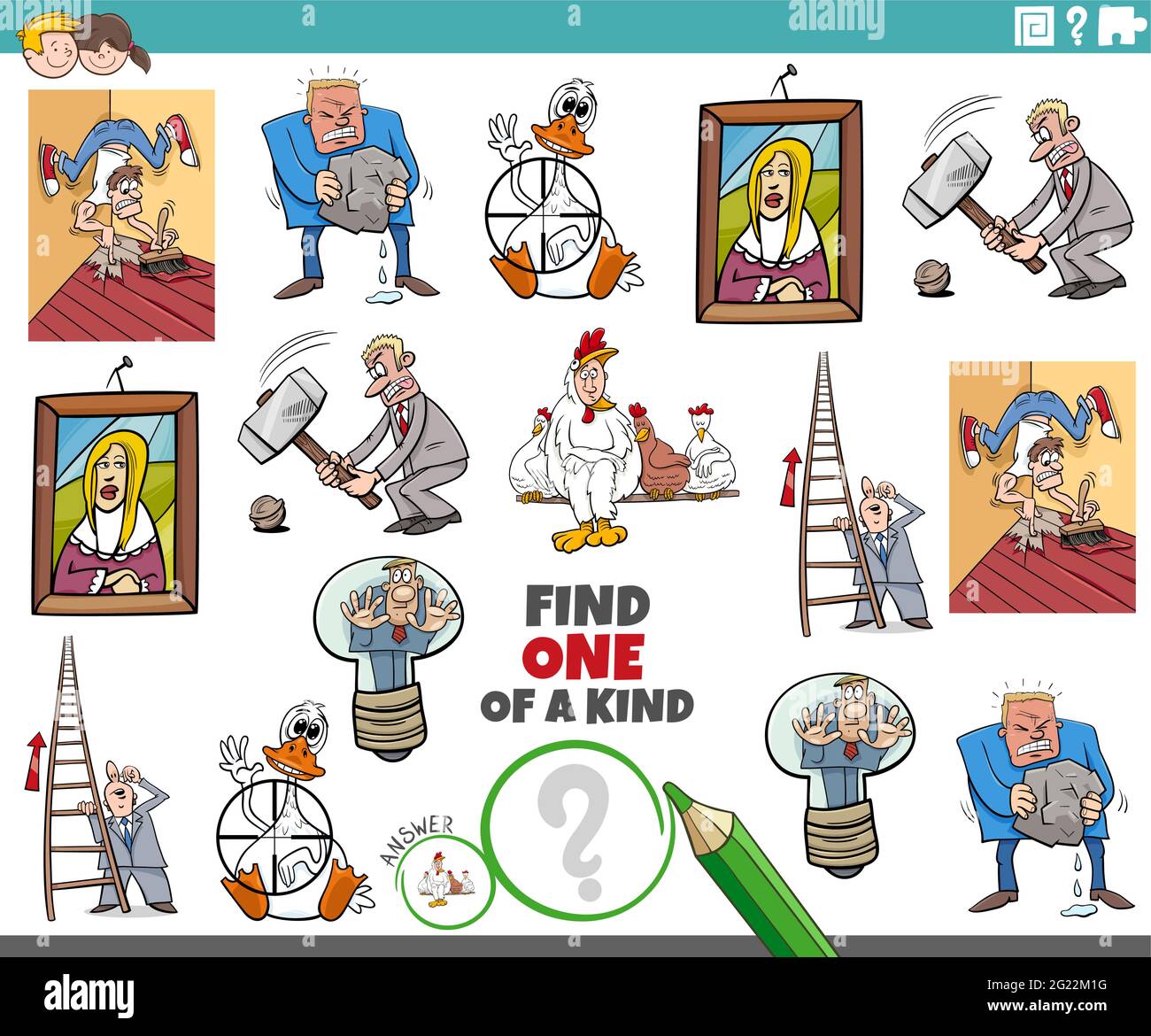 Cartoon illustration of find one of a kind picture educational task for ...