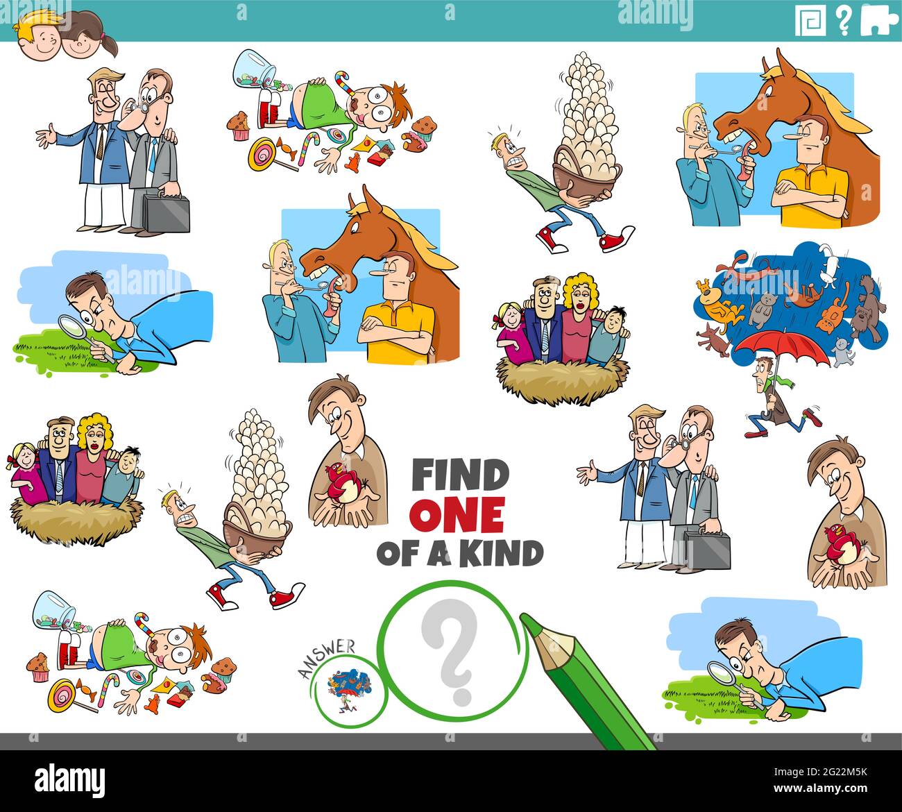 Cartoon illustration of find one of a kind picture educational game for ...