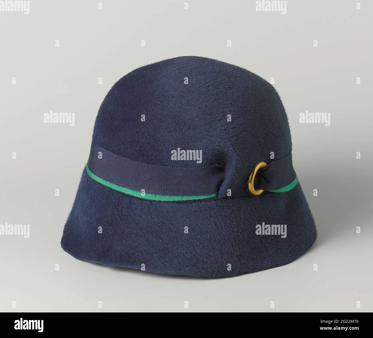 Cloche of blue hair felt with a double ripbands in green and blue ...
