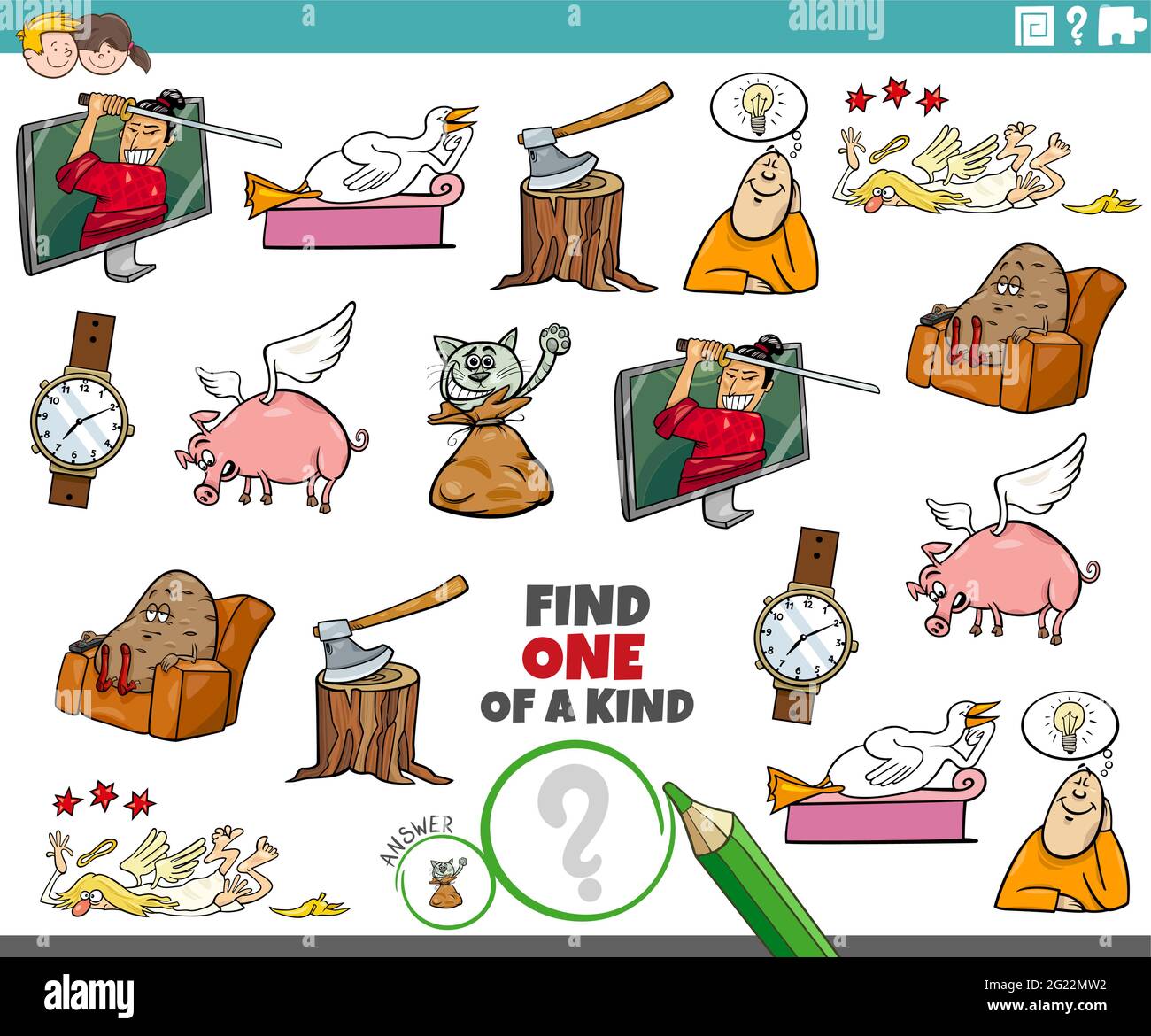 Cartoon illustration of find one of a kind picture educational game for ...