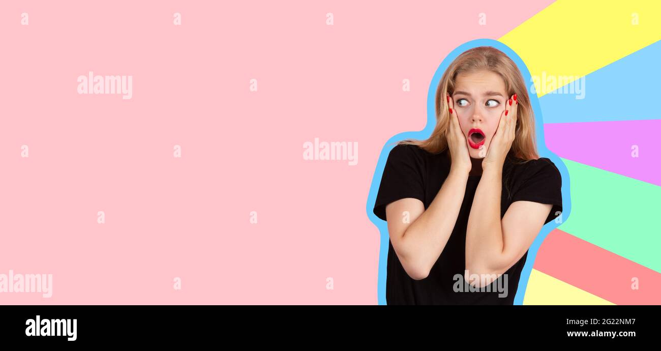 Wow. Collage in magazine style with emotional surprised woman on bright ...