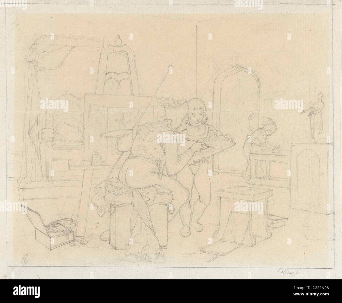 Medieval studio with painter and his helpers Stock Photo - Alamy