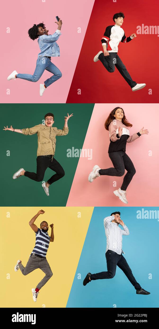 Portraits of group of people on colored background, collage Stock Photo ...