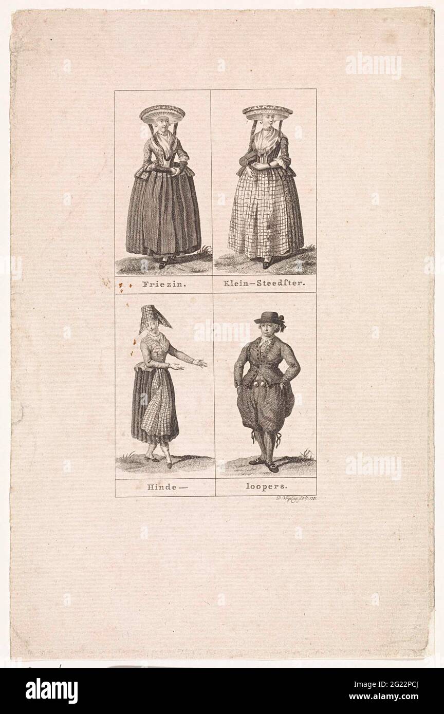 Four figures in Frisian costumes. Above: "Frieszin and small steed star ...