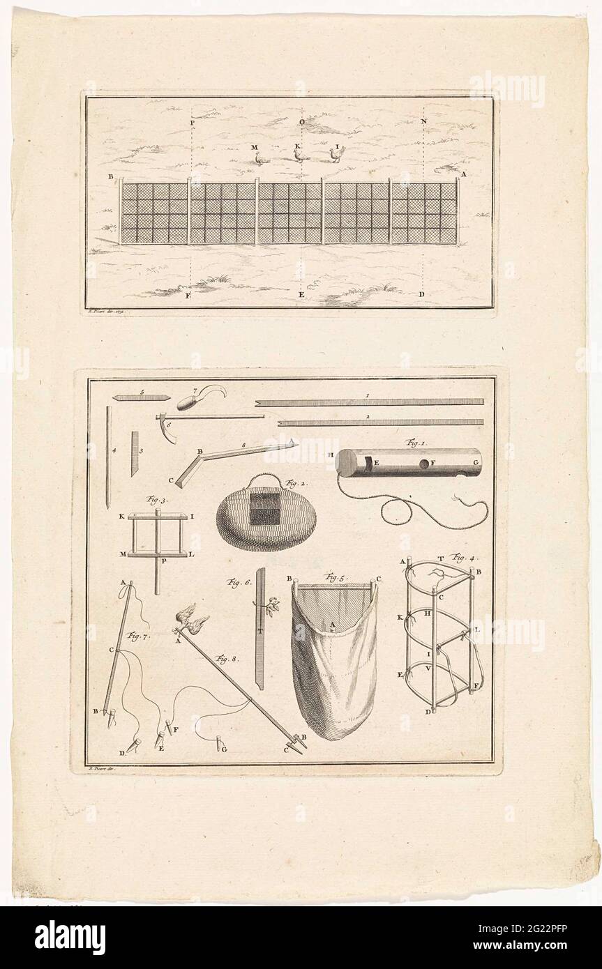 Nets and parts to capture birds. Two performances on a leaf. Above ...