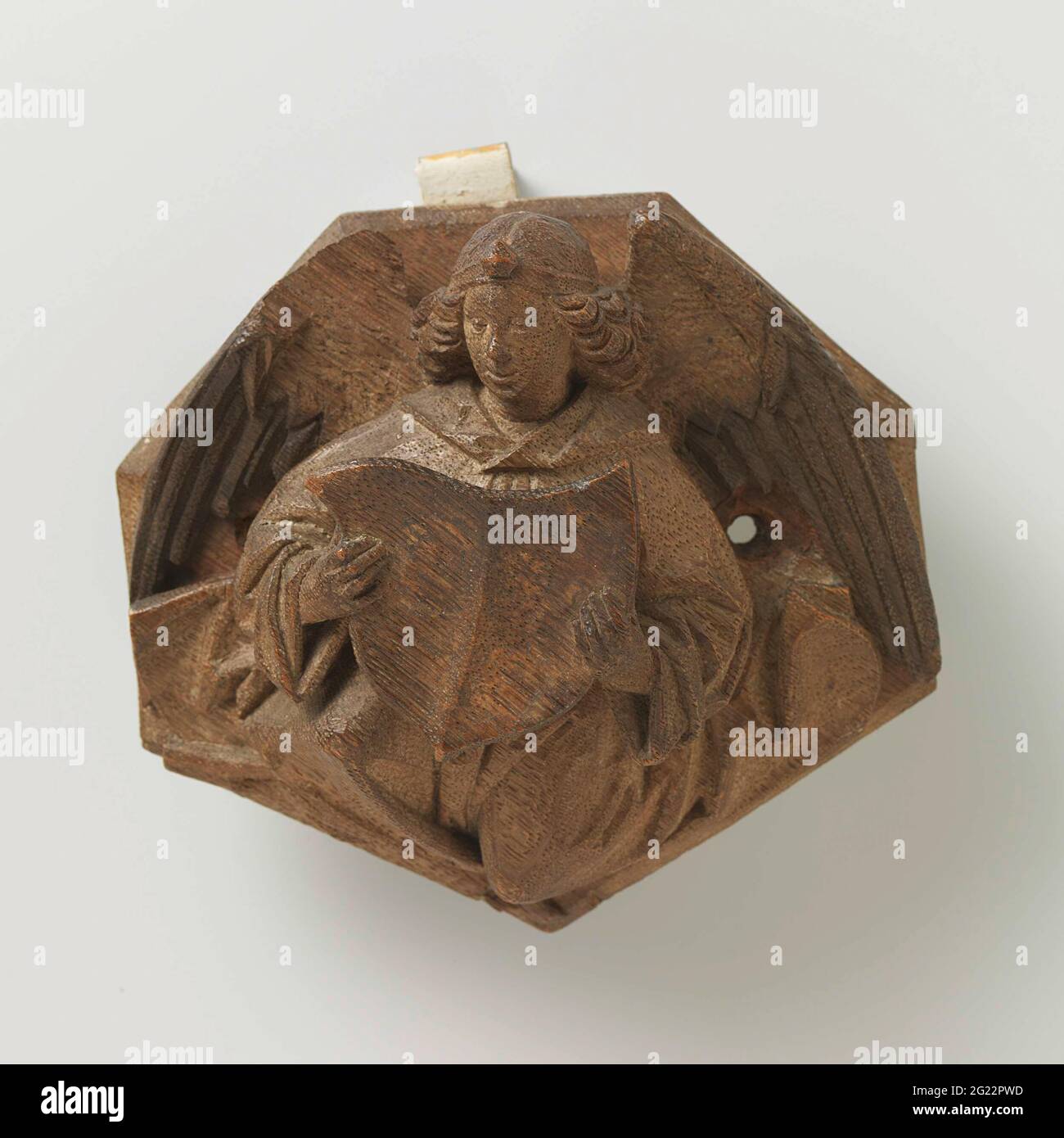 Lock with an angel with coat of arms. Against a flat background in the ...