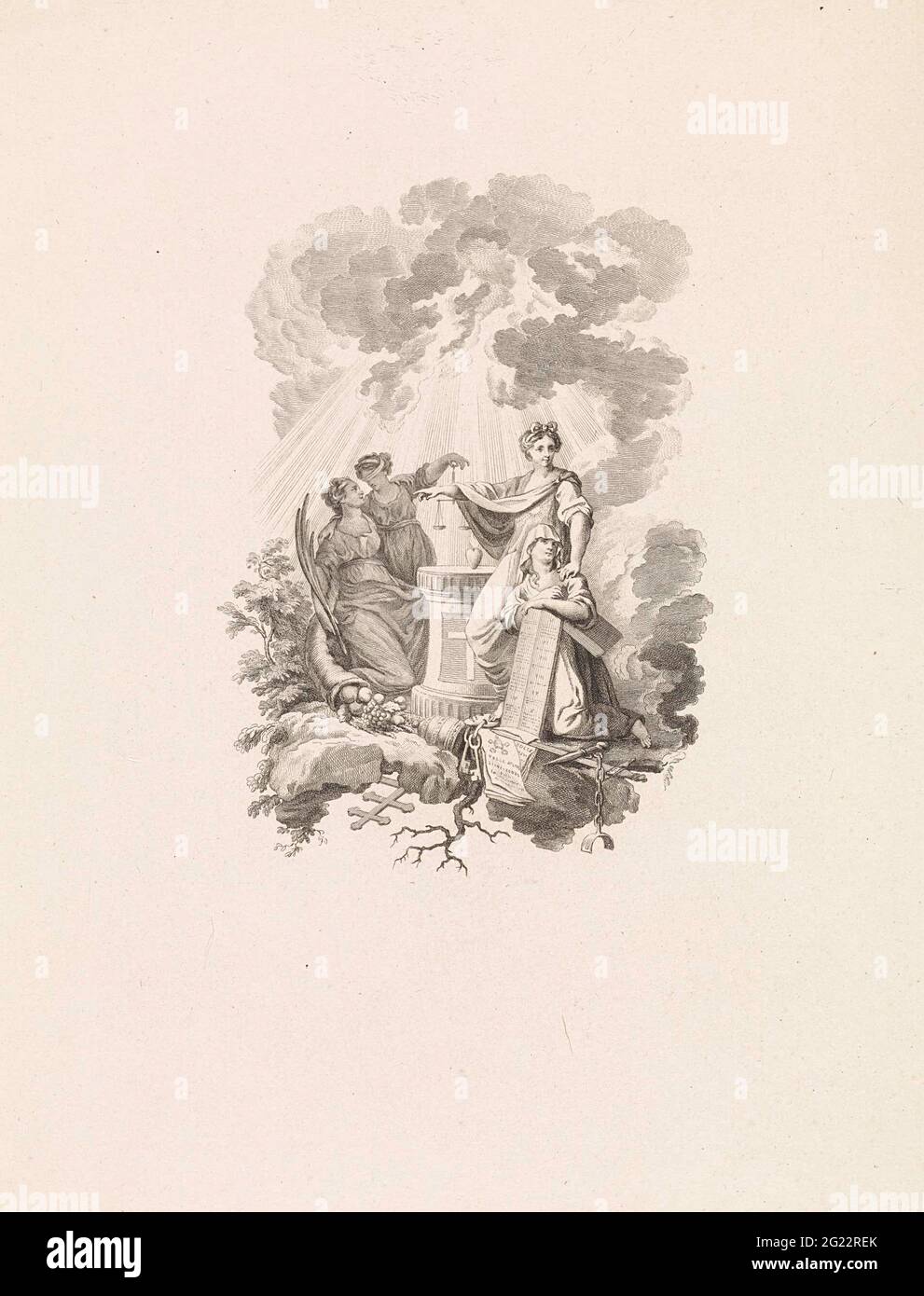 Title print with four female personifications at a heart. Four female ...