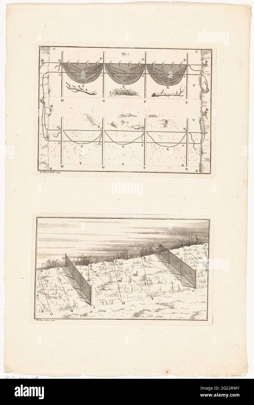 Bird catching with bait and nets. Two performances on a leaf. Above ...