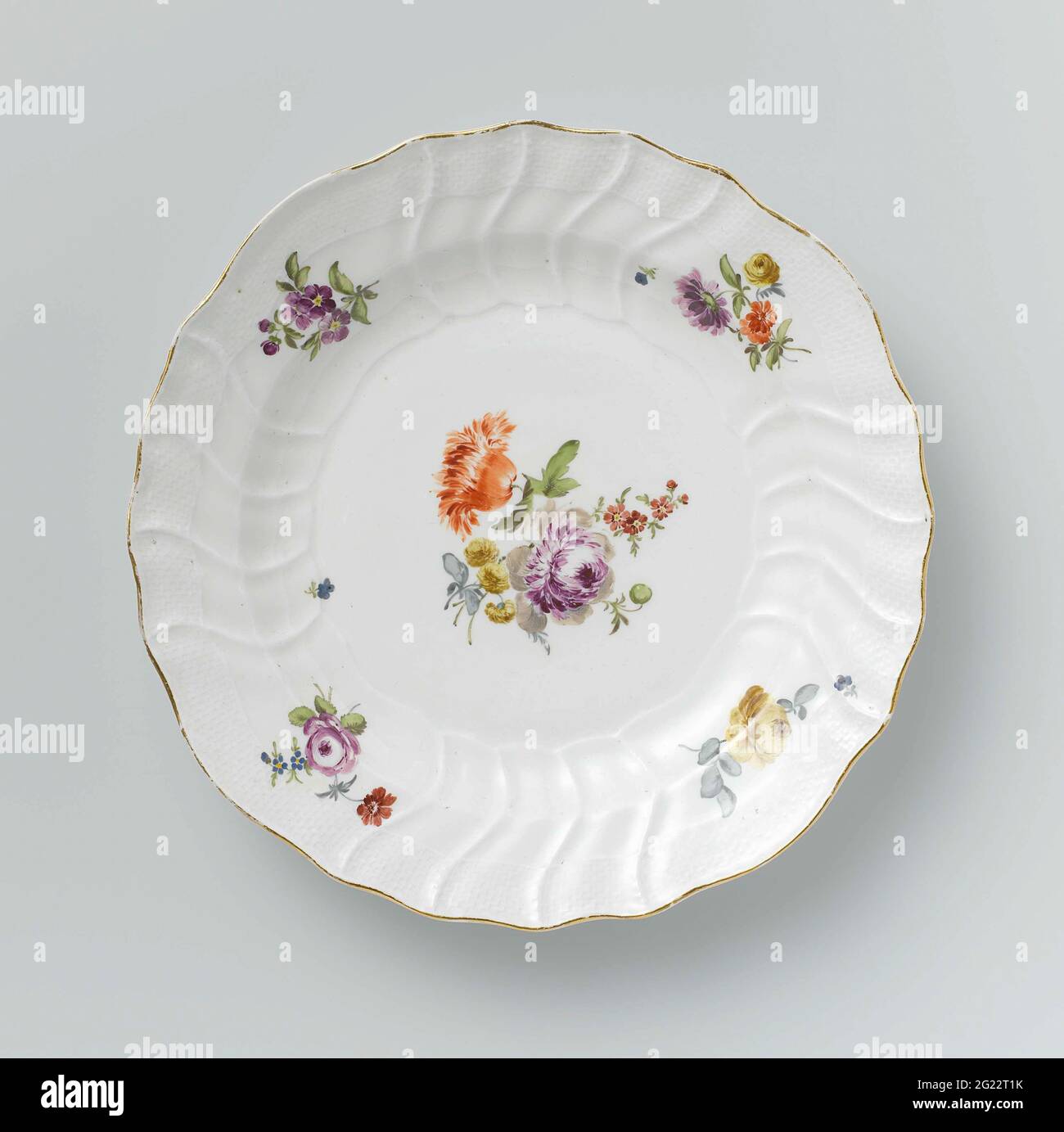 Plate, painted multi-colored with Deutsche Blumen, insects and fruits. Round plate from painted ...