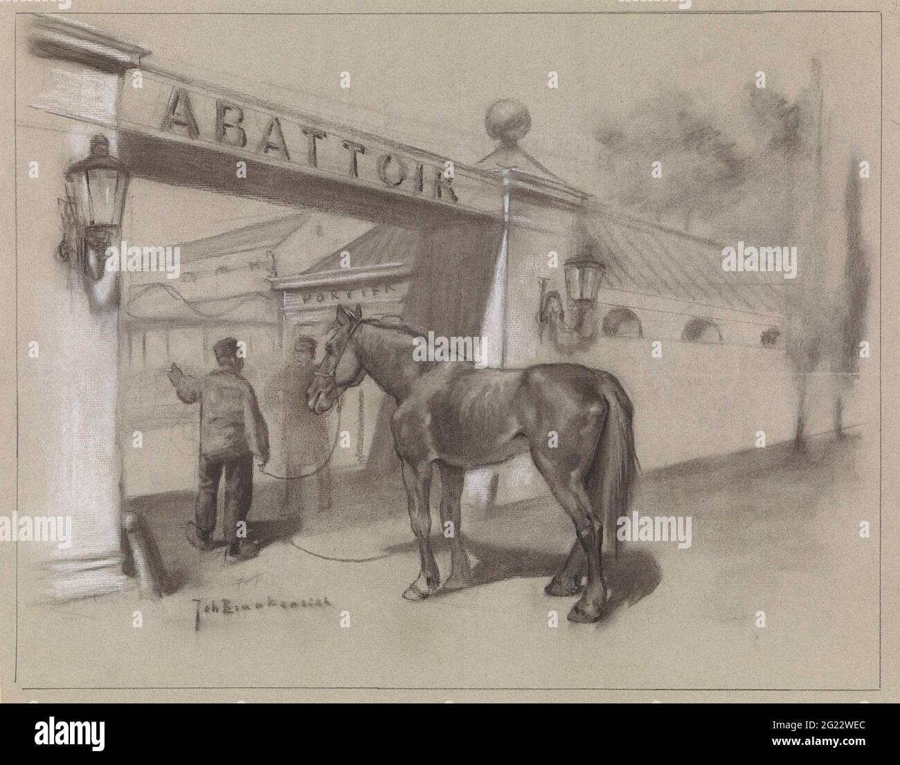 Man with horse in front of the abattoir entrance. Possibly a design for ...