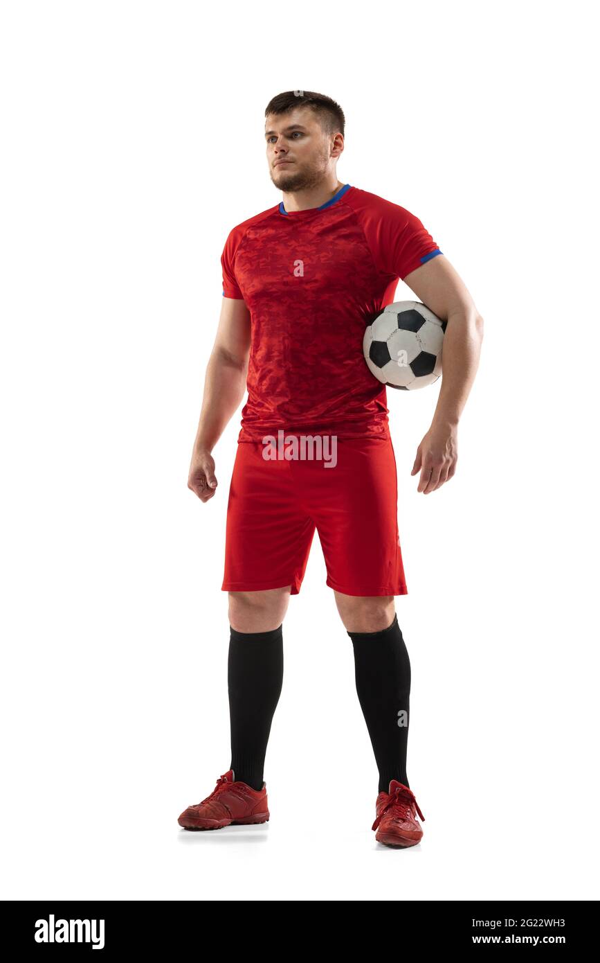 Professional caucasian football soccer player standing isolated on ...