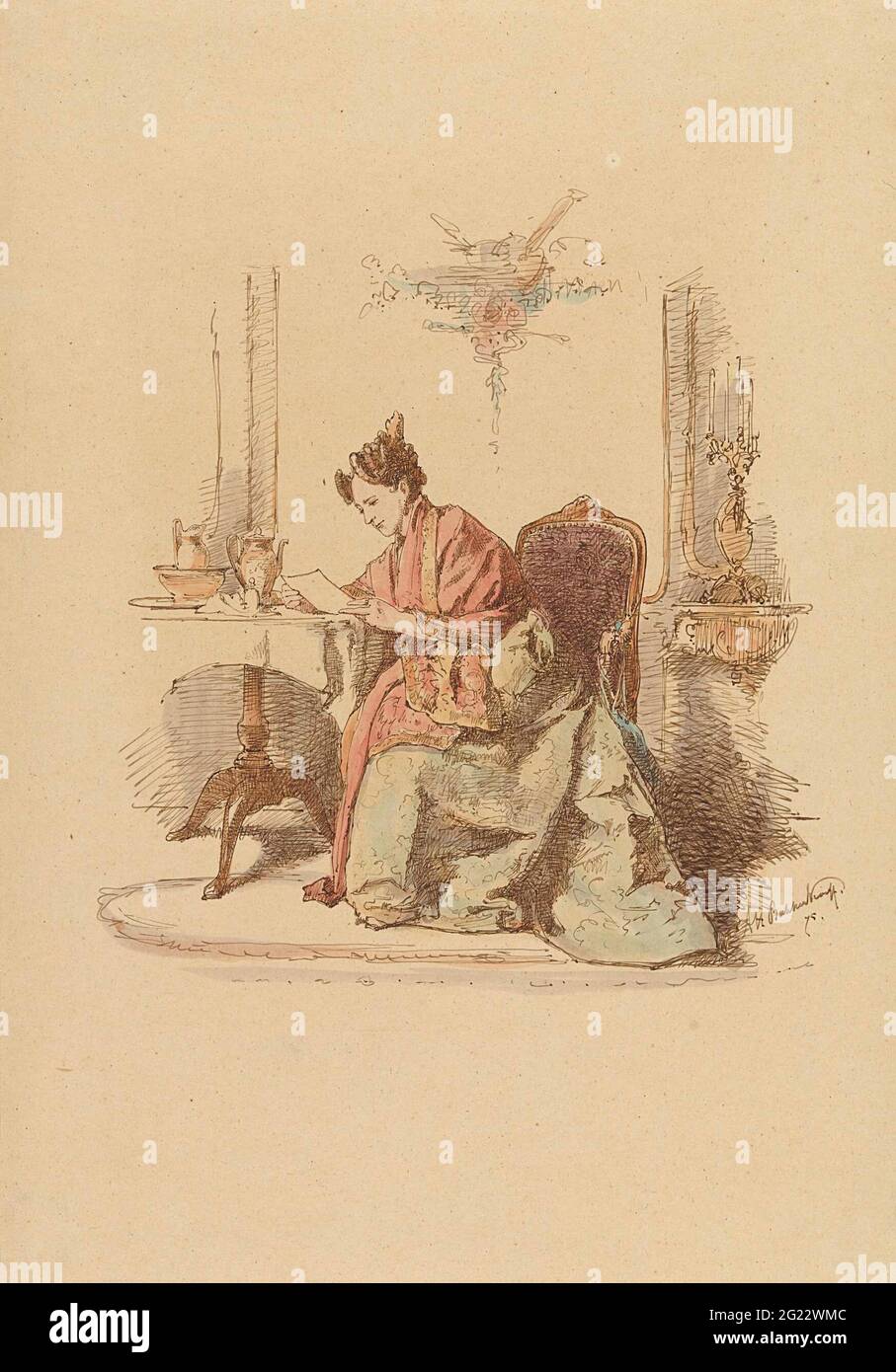 Woman reading a letter to a table Stock Photo - Alamy