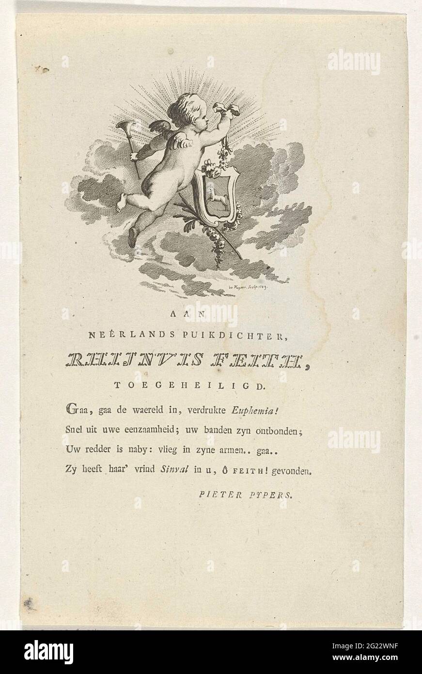 Flying putto with coat of arms. Seen a putto diagonally from behind ...