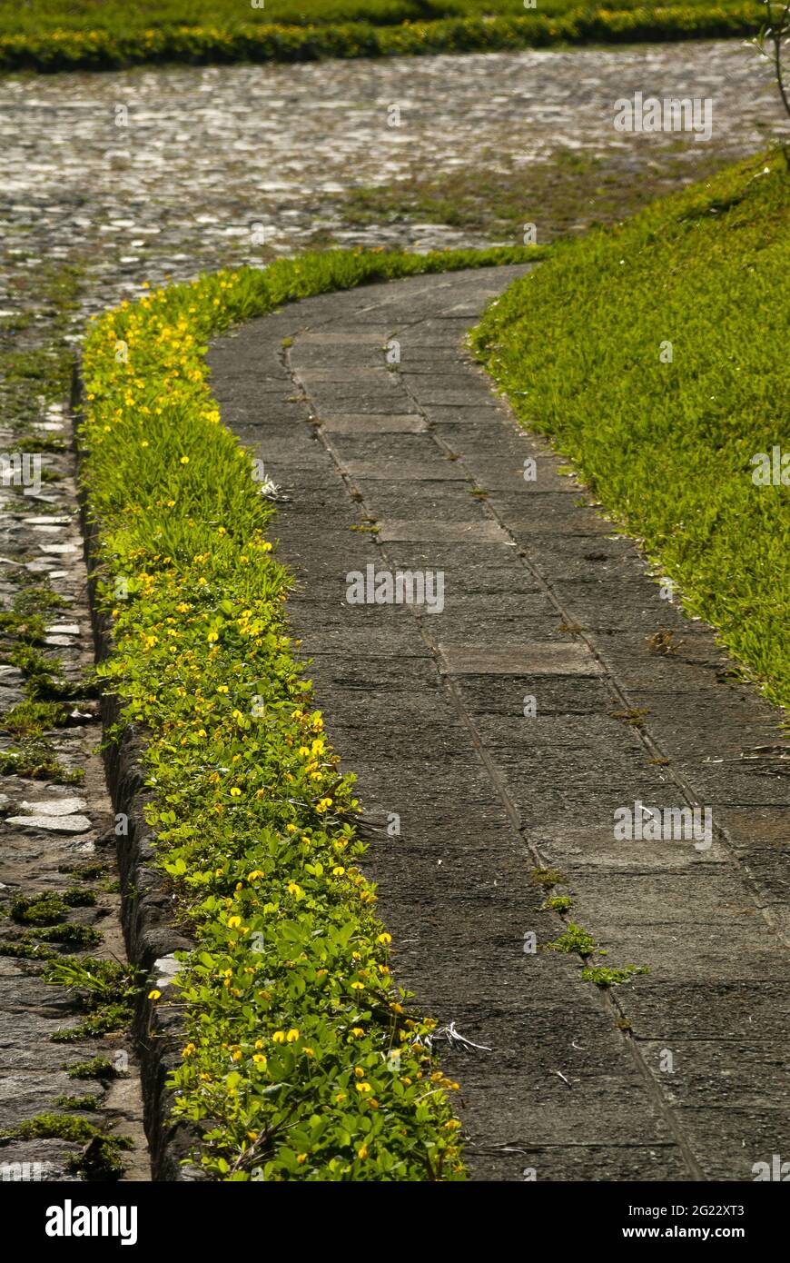 Sidewalk in street in Antigua Guatemala, natural light at dawn, outdoor ...
