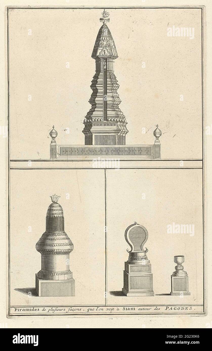Pyramids from Siam. Sheet with three performances of various pyramids ...