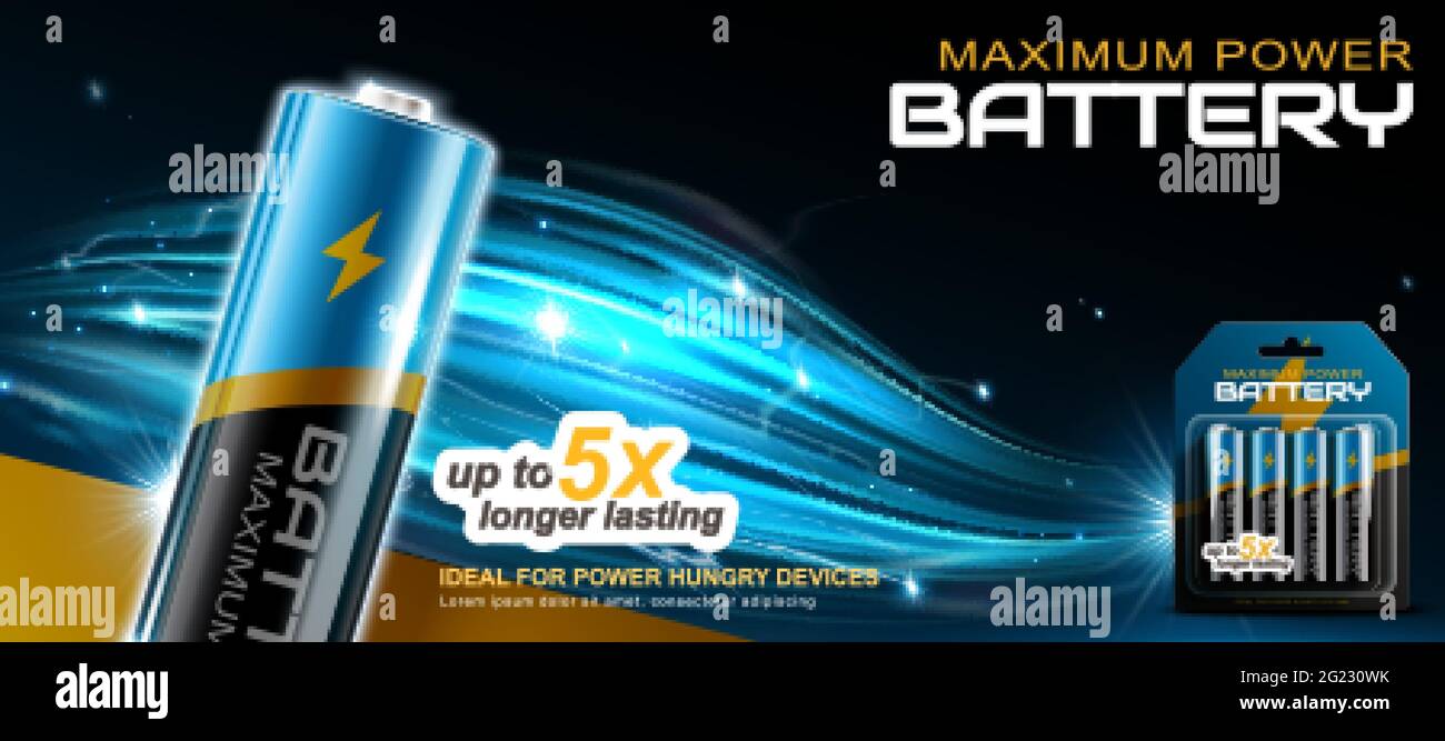 3d Li-Ion AA battery discharging and its electric waves. Banner ...