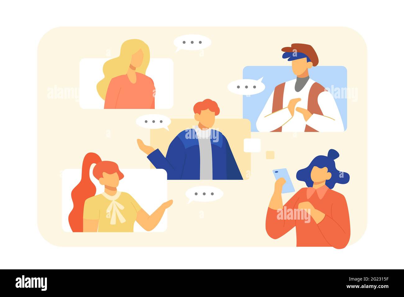 Flat style illustration of group of people texting online. Young men ...