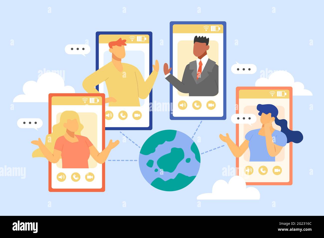 Flat style illustration of global business team working remotely ...