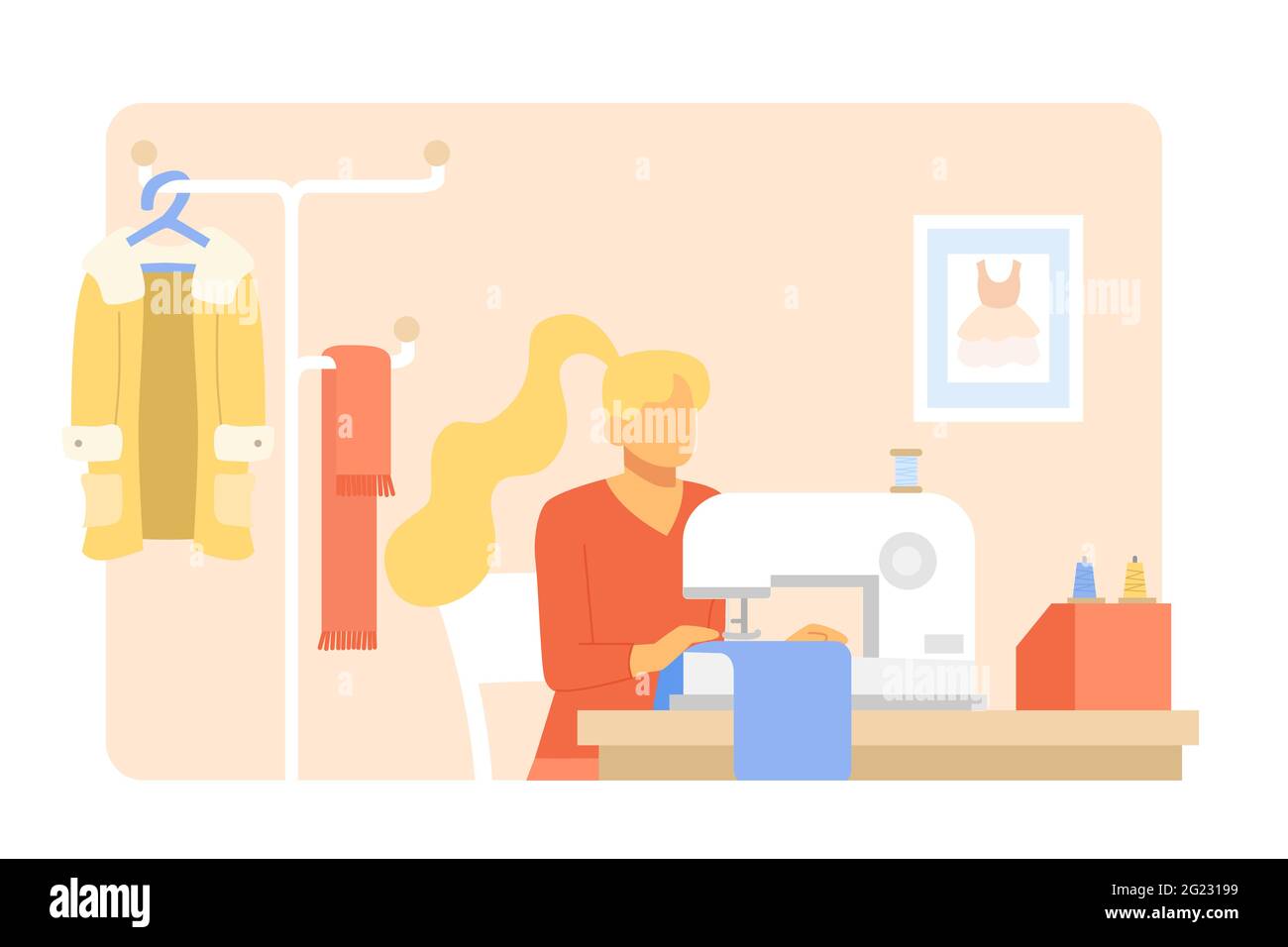 Woman working on sewing machine. Flat style illustration of woman ...