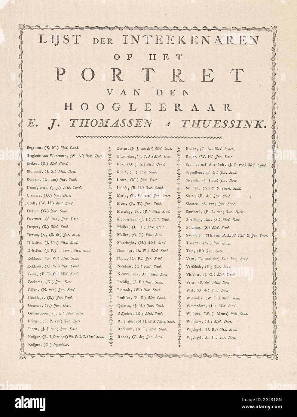 Signing list for the print with the portrait of Evert Jan Thomassen A ...