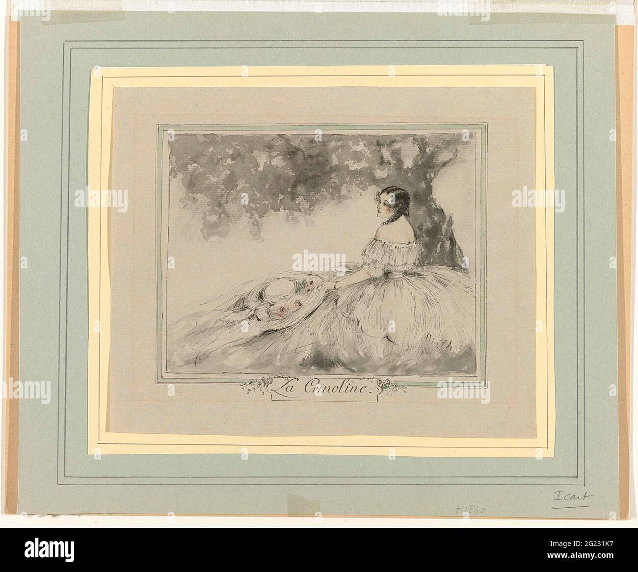 La Crinoline, 1860. Woman with hat sitting under a tree Stock Photo - Alamy