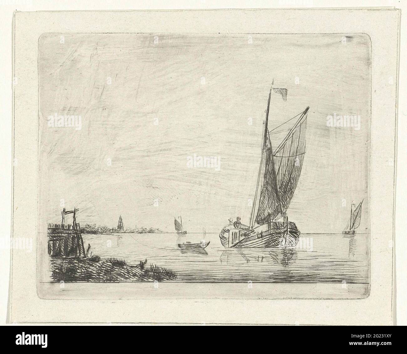 Sailing ship on inner water. Sailing ship on inland water with a rowing ...