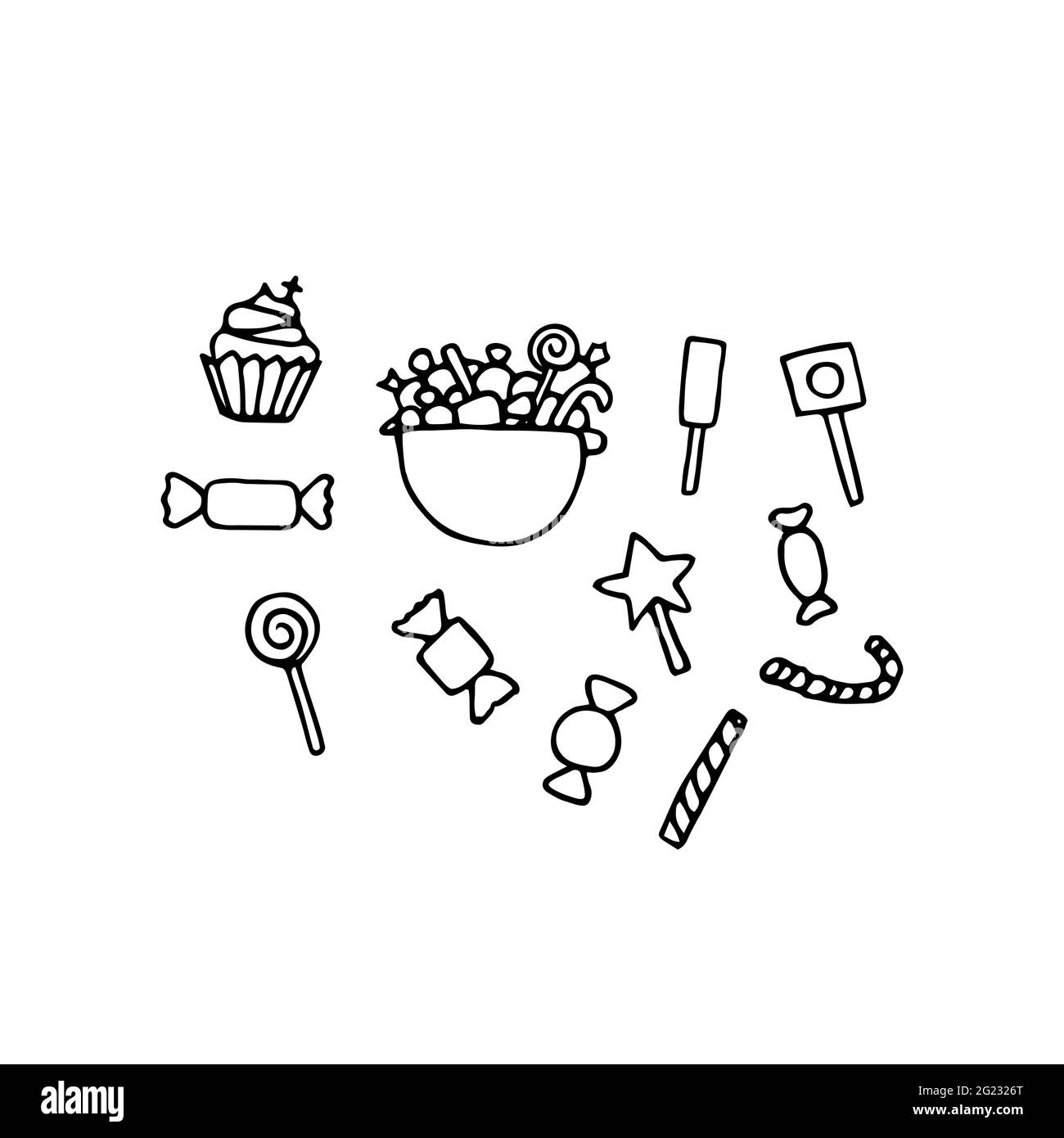 Set of vector festive doodle sweets. Outline candy, cupcakes, cakes ...