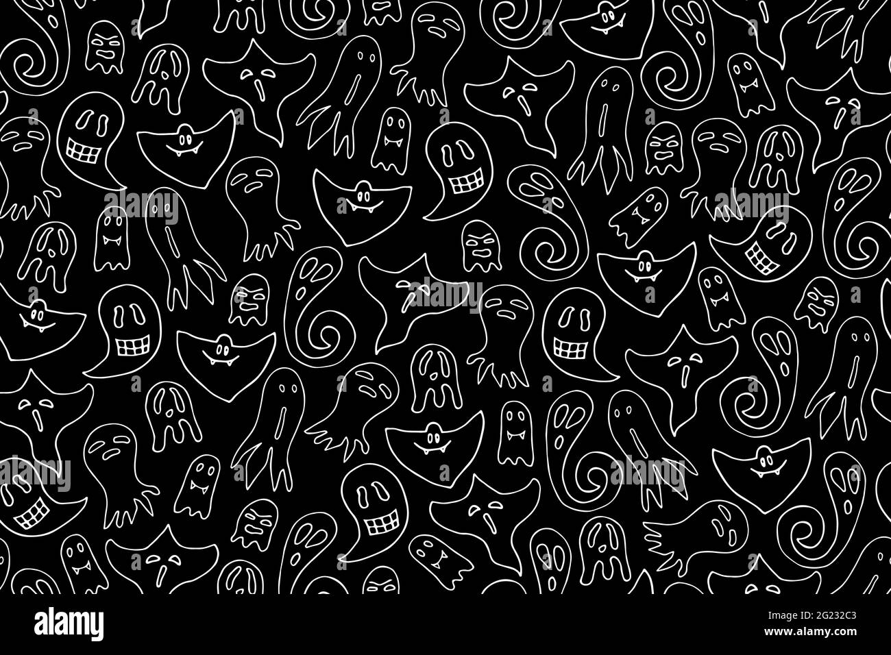 Seamless doodle Halloween pattern. Outline Ghosts isolated on black ...