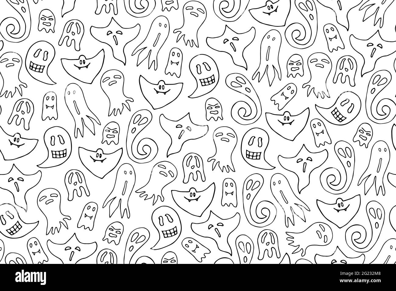 Seamless doodle Halloween pattern. Outline Ghosts isolated on white background. Hand drawn cute ...