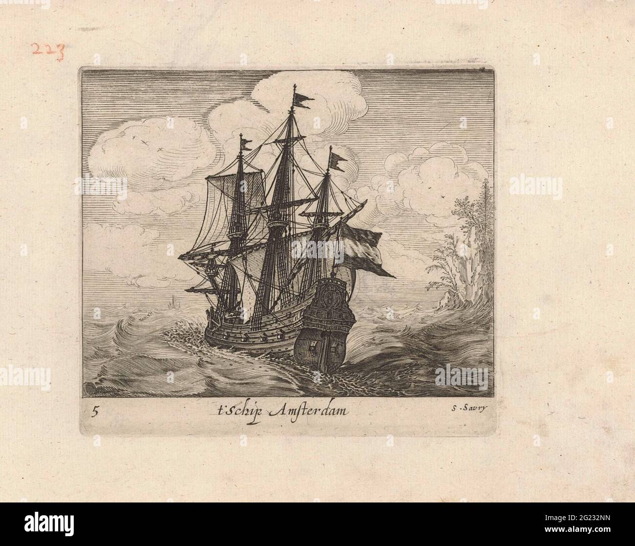 Driemaster at sea; 't Ship Amsterdam; Sailing ships. The print is part ...