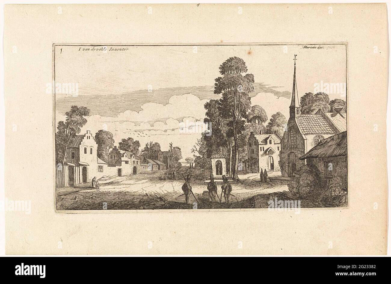 Village face; Landscapes. Village view with a church and a few houses ...
