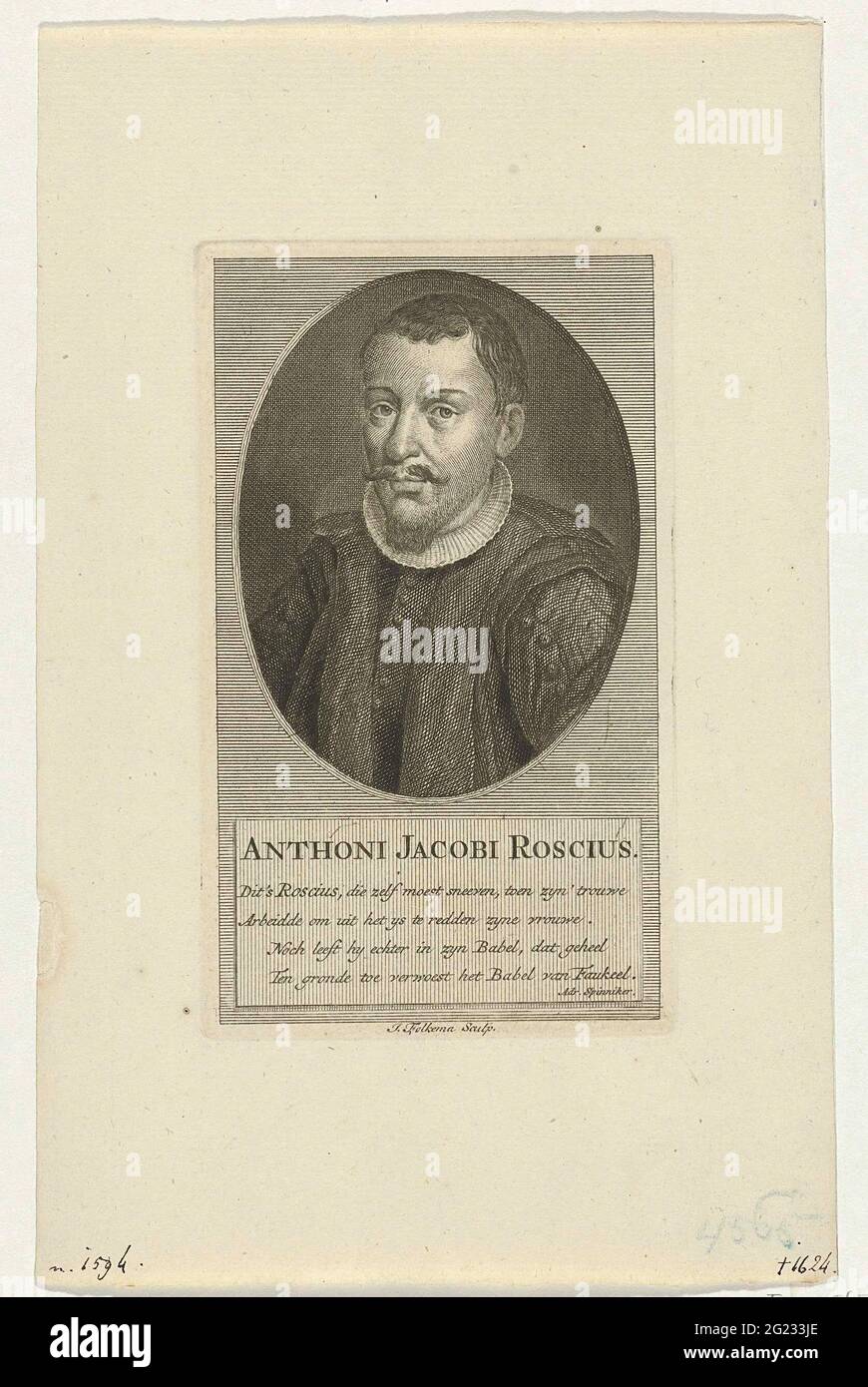 Portrait of Anthoni Jacobi Roscius. Portrait bust in oval to the left ...