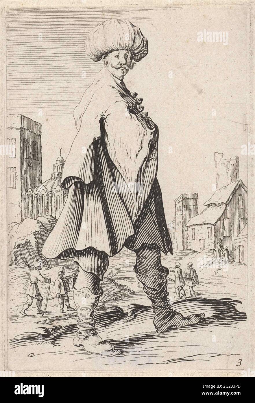 Man with turban at a city; Standing figures. On the edge of a town is a ...