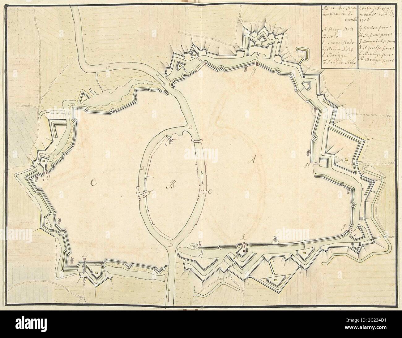 Map of Kortrijk, 1706; Plaan der Stadt Corteryck recorded in the month ...