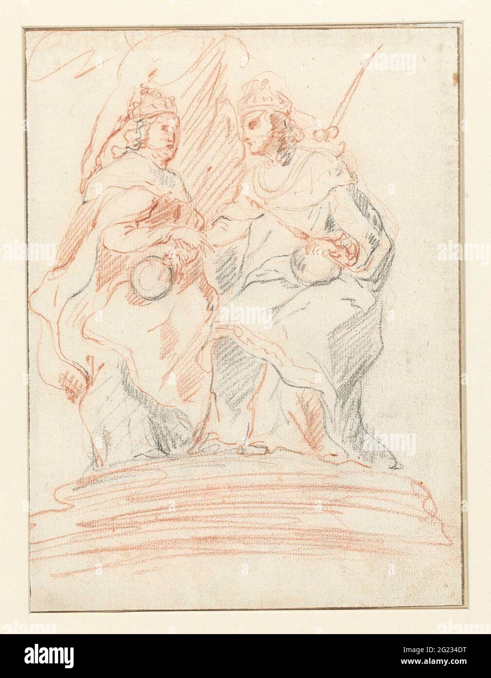 King and a queen on a throne, behind them is FAMA; Christ and Maria ...