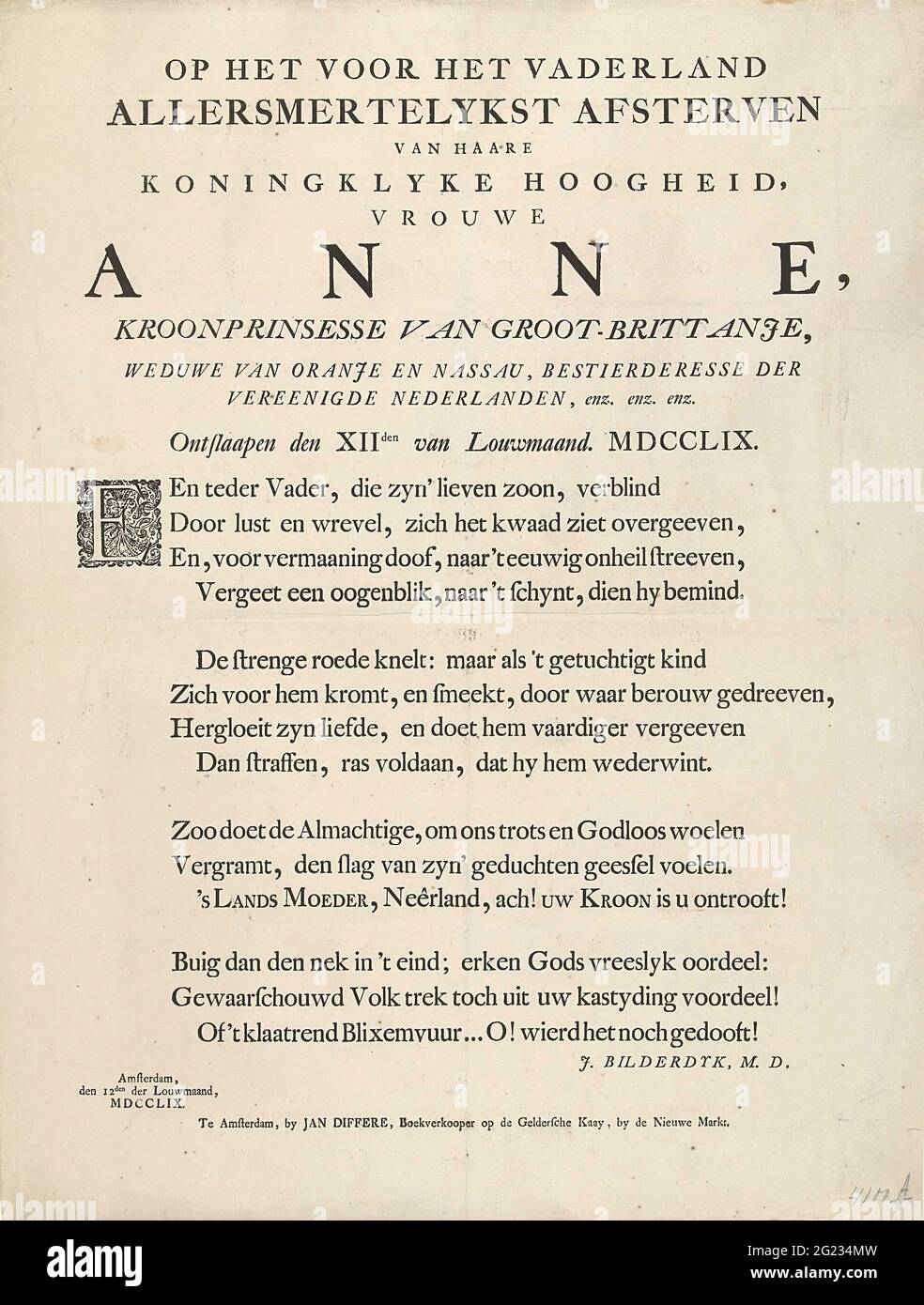 Poem on the death of Princess Anna, 1759; On the Dies from Haarlen ...