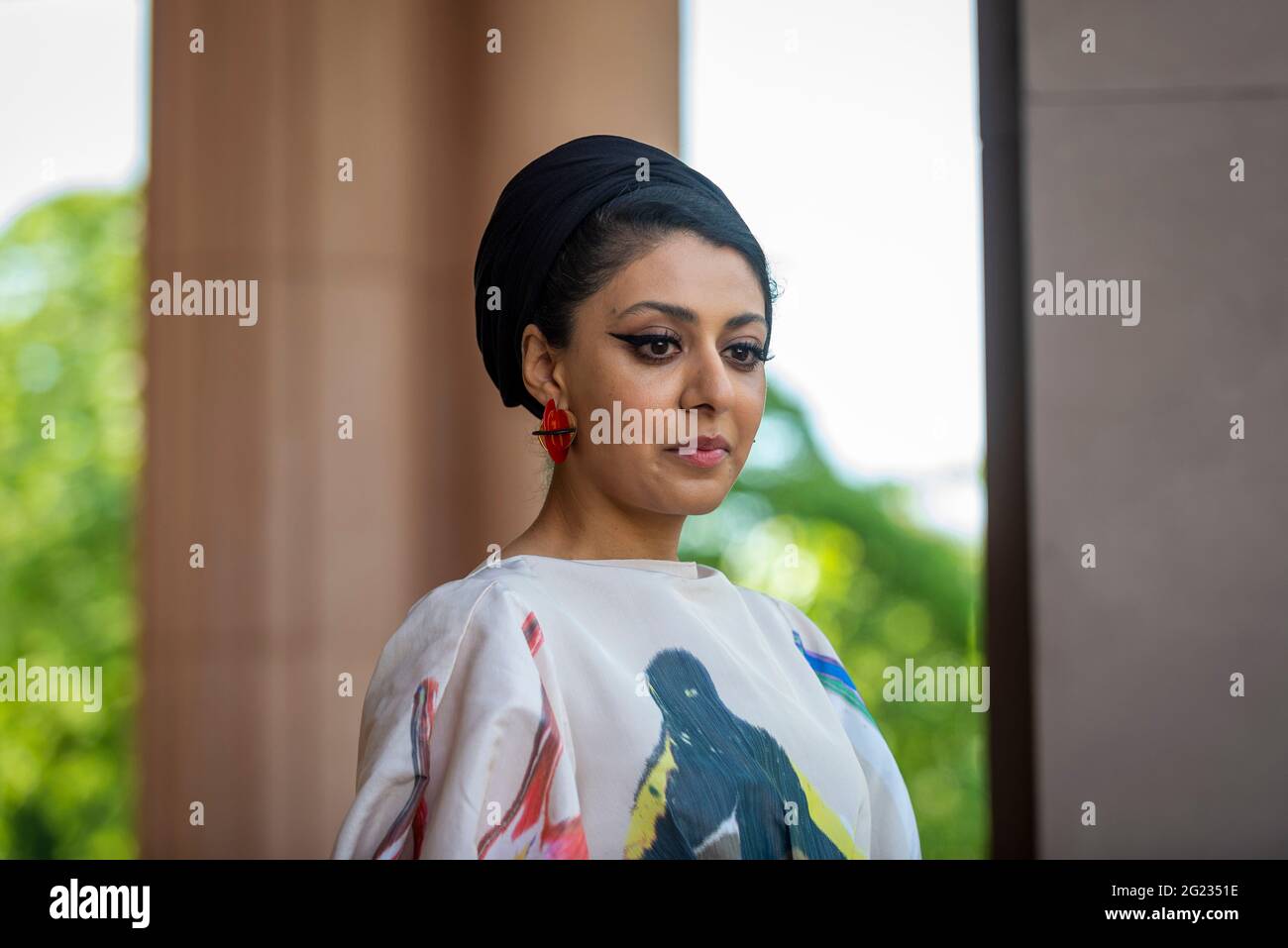 London, UK. 8 June 2021. Architect Sumayya Vally poses at the unveiling ...