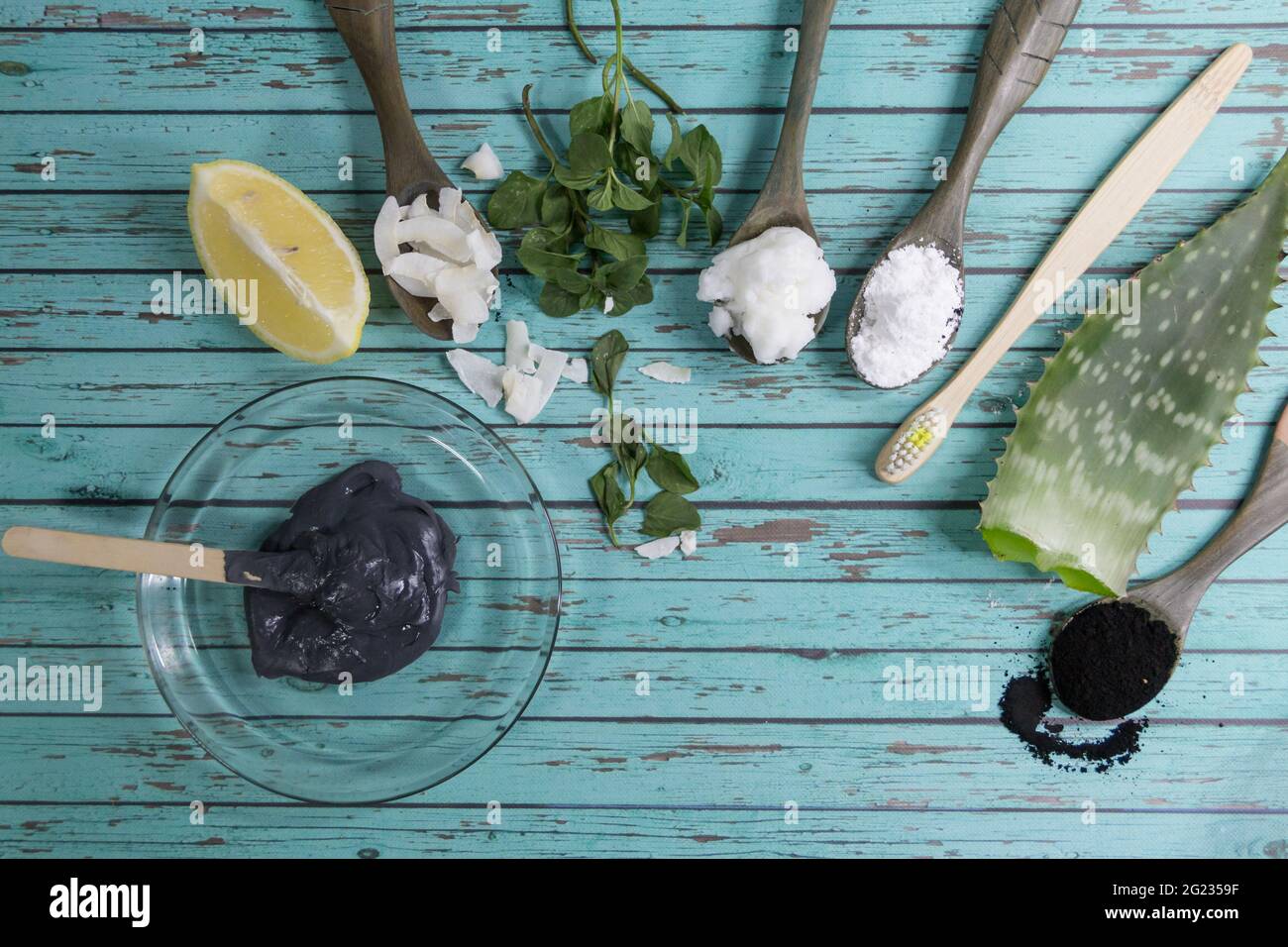 Ingredients for making activated charcoal toothpaste Stock Photo - Alamy
